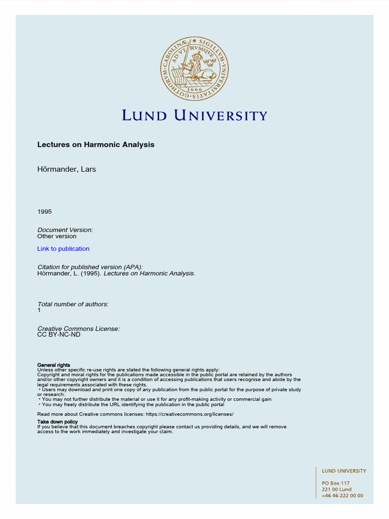 Hormander Lectures On Harmonic Analysis | PDF | Group (Mathematics) | Fourier Transform