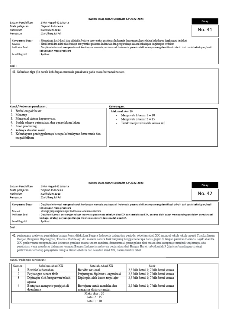 KARTU SOAL US SEJARAH INDONESIA Essay | PDF