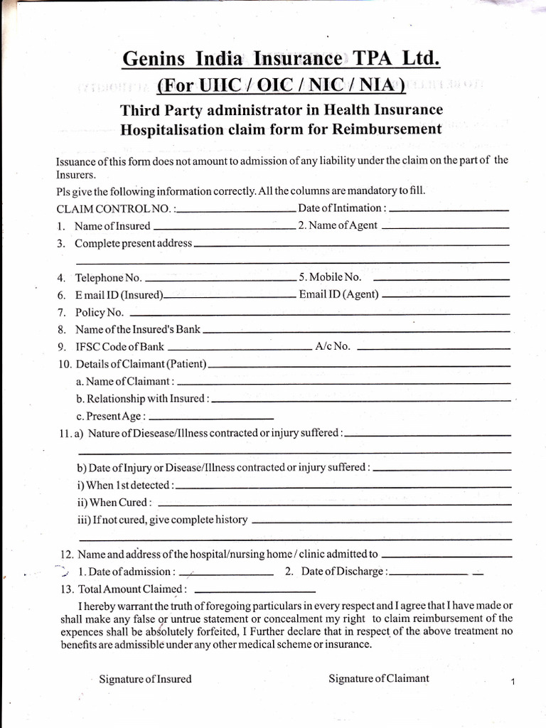 Genins Claim Form (New) | PDF | Hospital | Insurance