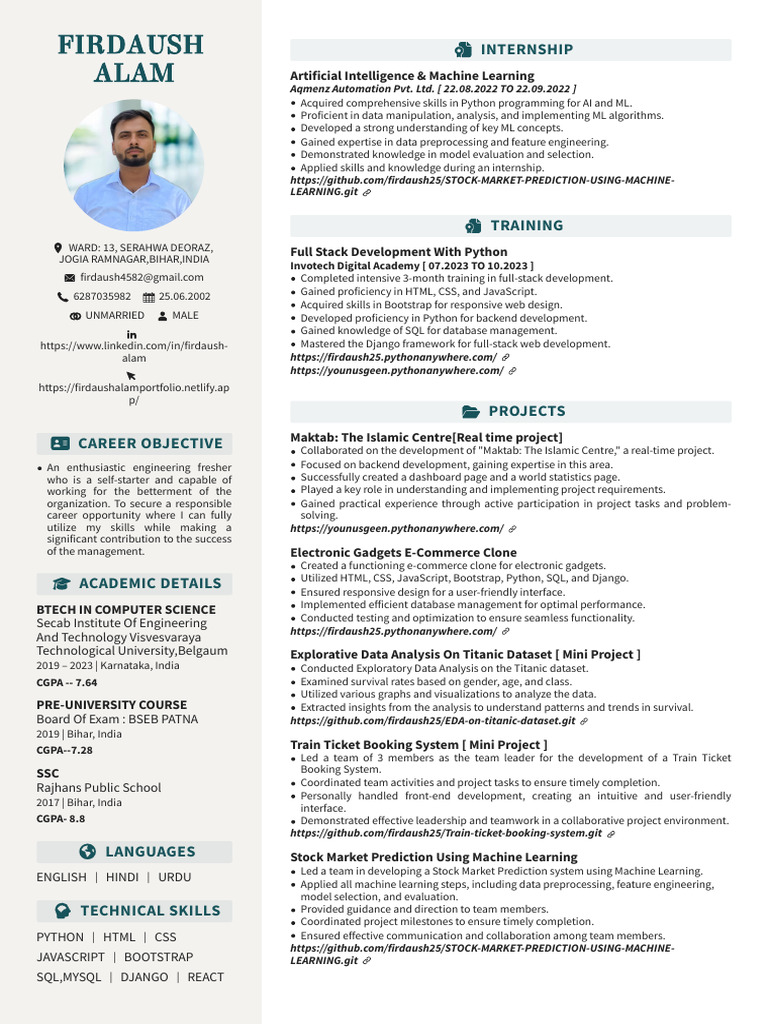 Firdaush Alam Resume | PDF | Machine Learning | Usability
