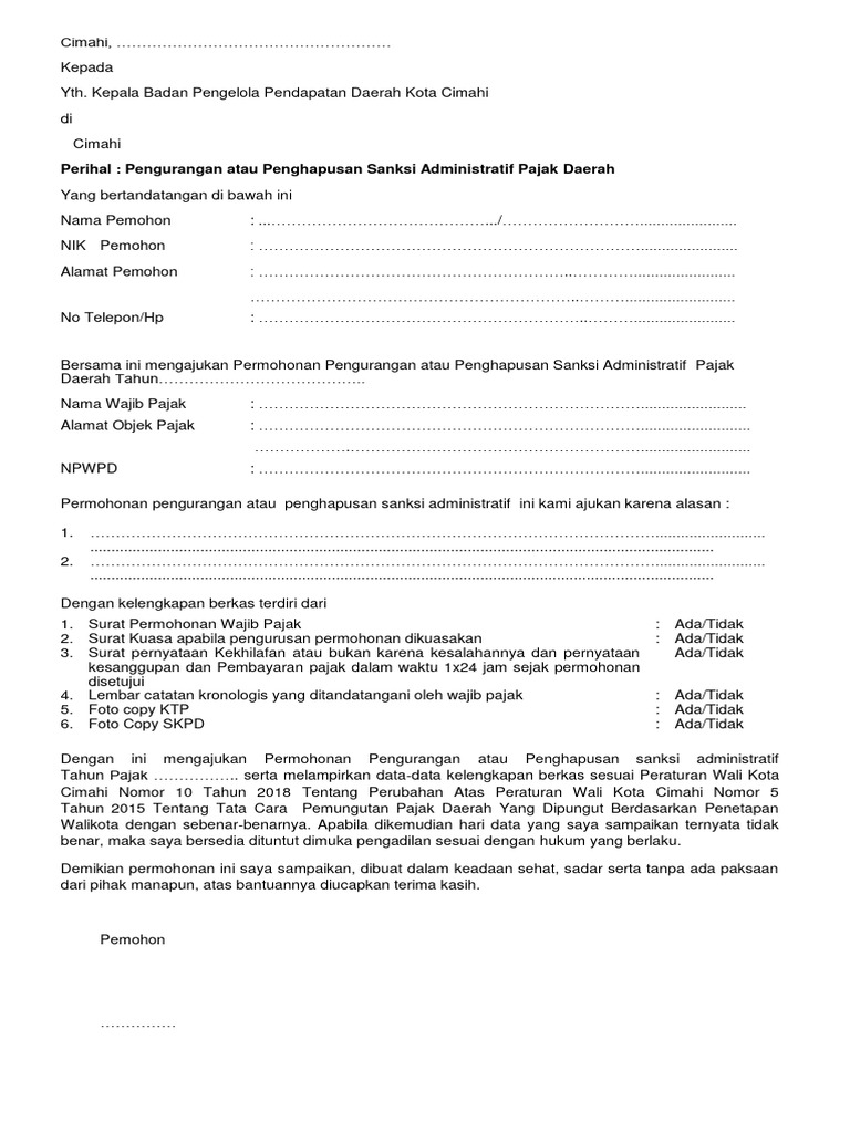 Form Permohonan Penghapusan Denda Pajak Daerah | PDF