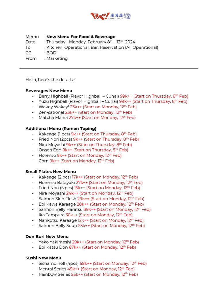 Memo New Menu - Yabe | PDF | Western Cuisine | Food And Drink