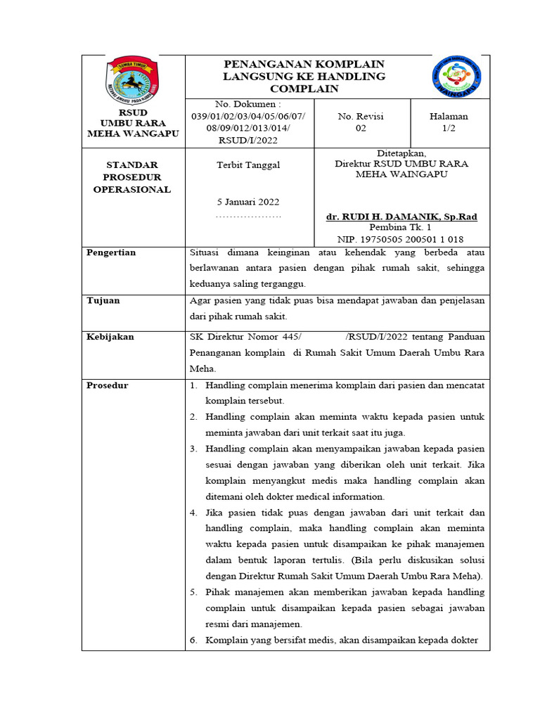 Prosedur Penanganan Komplain RSUD | PDF | Hukum | Sains & Matematika