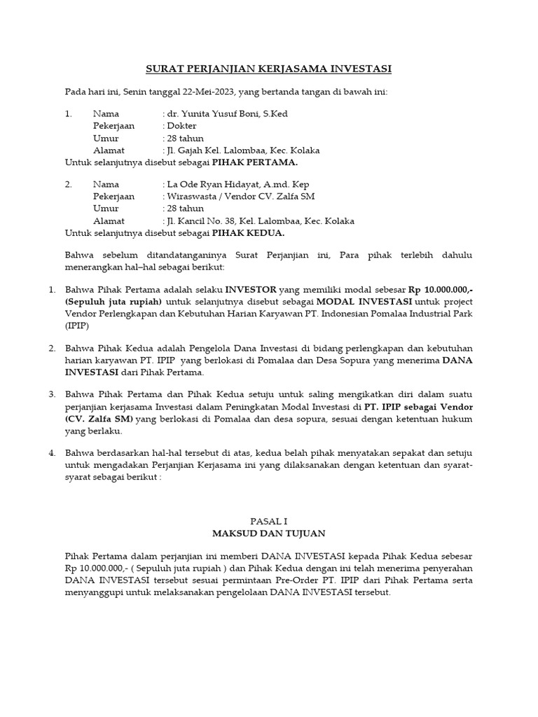 Surat-Perjanjian-Kerjasama-Investasi Vendor | PDF
