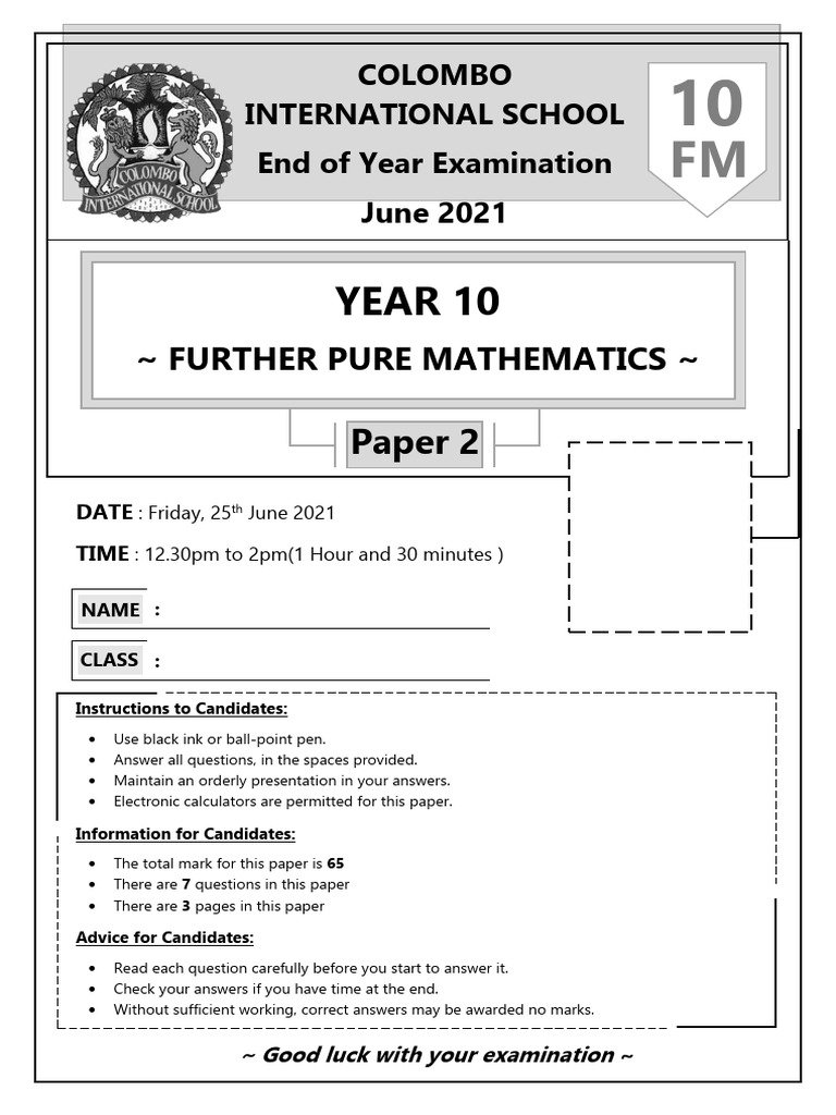 Maths Year 10 FM Paper 2 | PDF | Line (Geometry) | Area