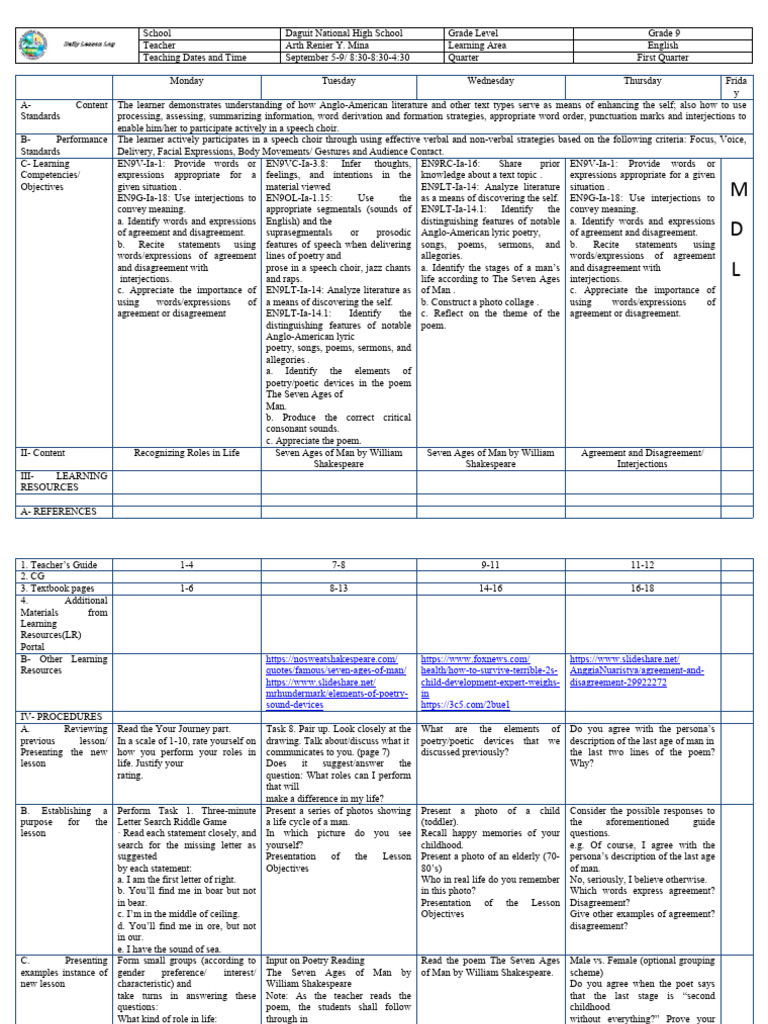 Weekly Lesson Plan | PDF | Poetry | Word
