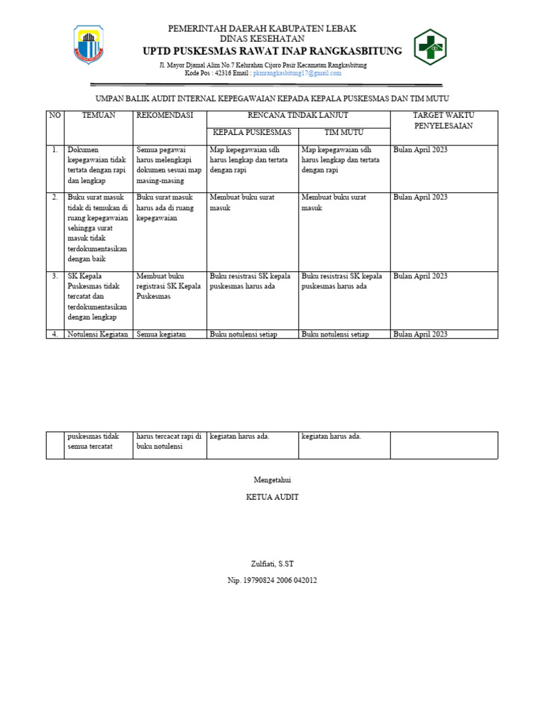 UMPAN BALIK HASIL AUDIT INTERNAL KEPEGAWAIAN - Salin | PDF