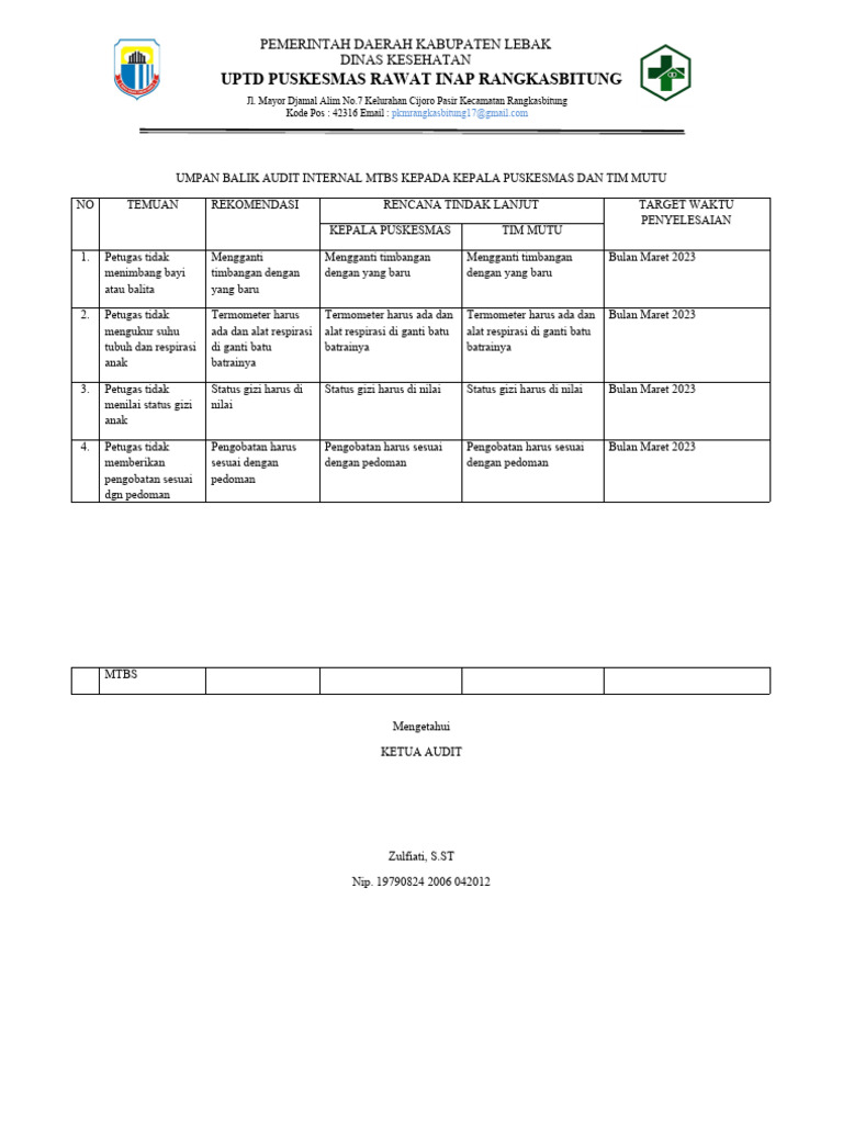Umpan Balik Hasil Audit Internal MTBS | PDF