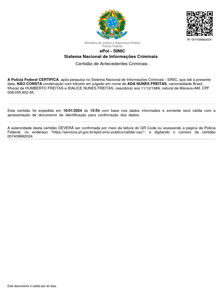 Sistema Nacional de Informações Criminais Epol - Sinic | PDF