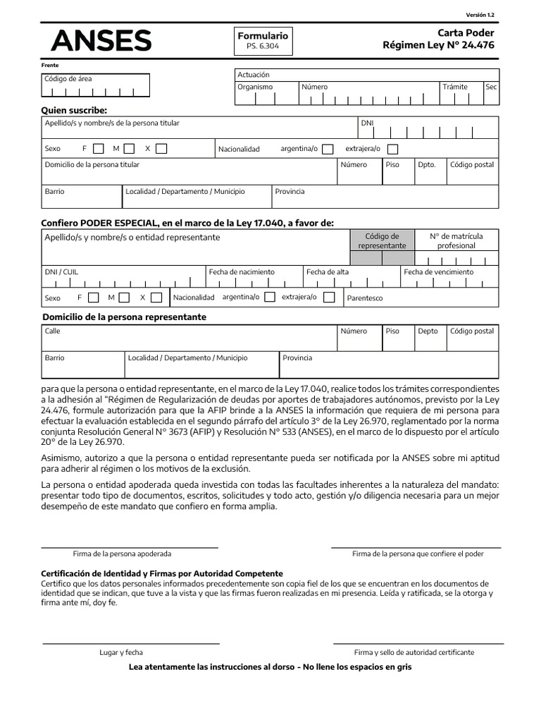 Carta Poder Ley 24476 | PDF | Gobierno | Justicia