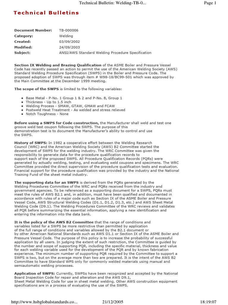 ANSI AWS Standard Welding Procedure Specification - Technical Bulletins ...