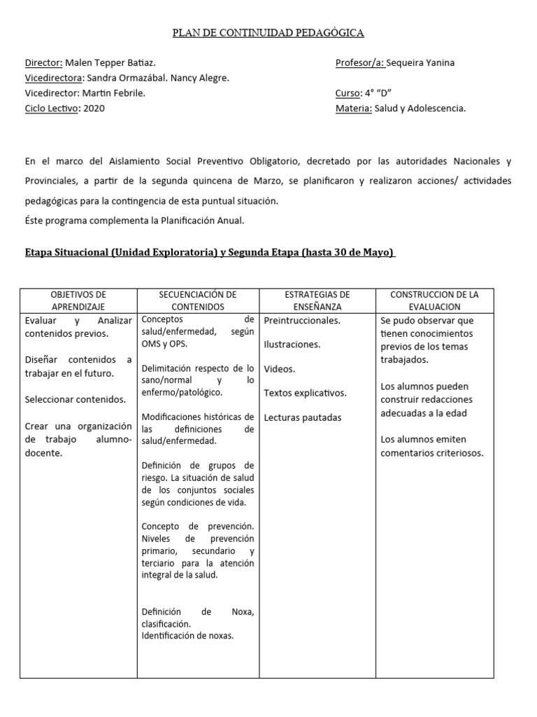 Plan Continuidad SADO D SEC 1 OK | PDF | Maestros | Evaluación