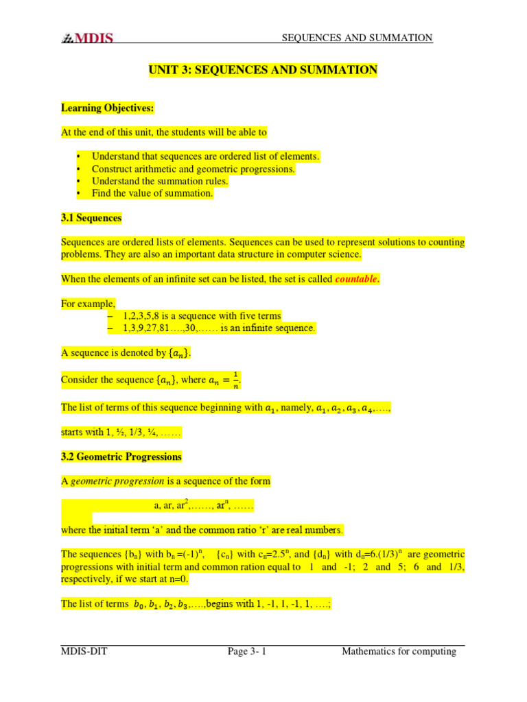 A03 DIT - MC - U3 - Sequences and Summations x5 OK | PDF | Summation | Sequence