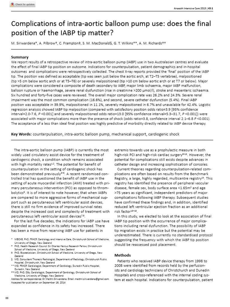 Siriwardena Et Al 2015 Complications of Intra Aortic Balloon Pump Use ...