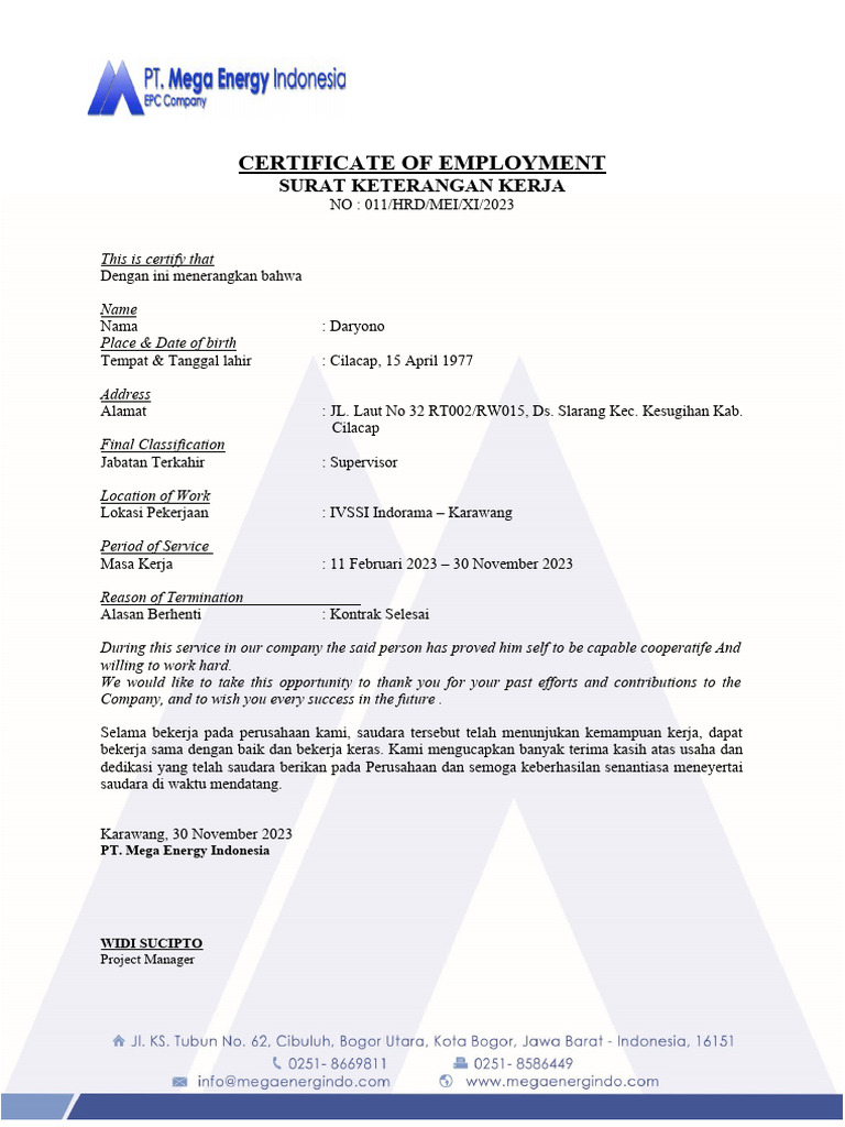 Certificate Of Employment Daryono Pdf