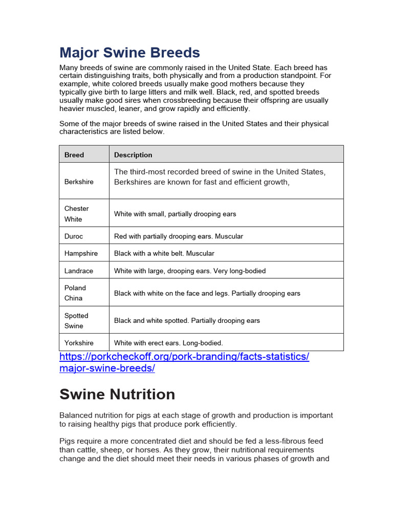 Major Swine Breeds | PDF | Pig | Nutrients