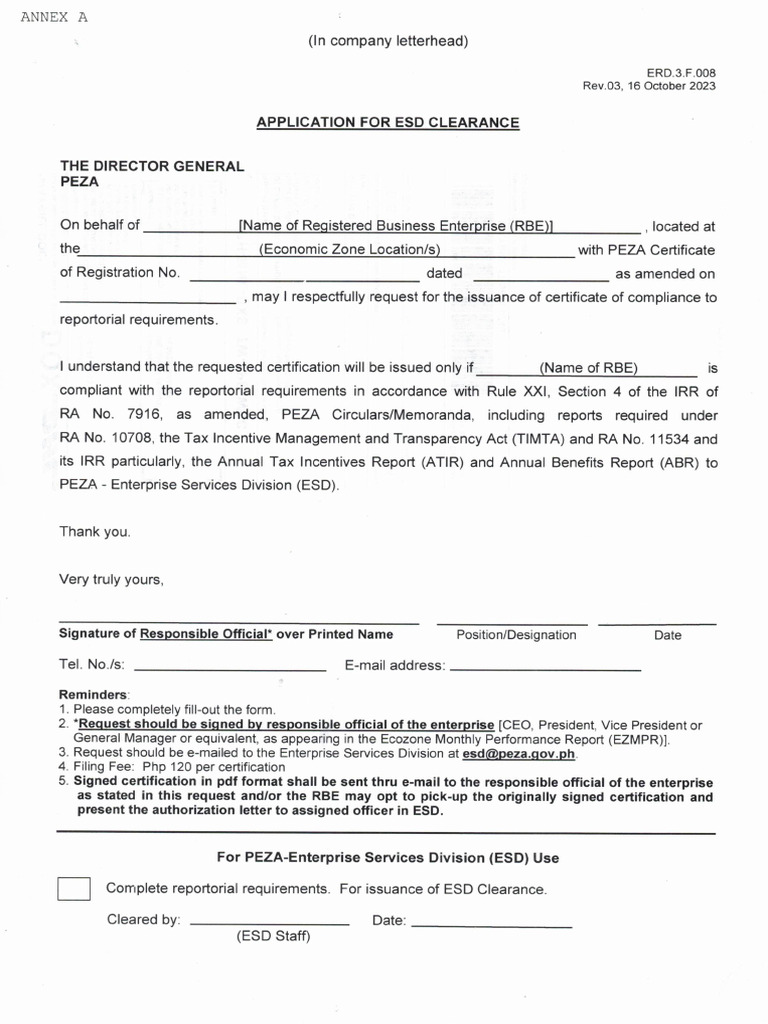 Application Form For ESD Clearance | PDF