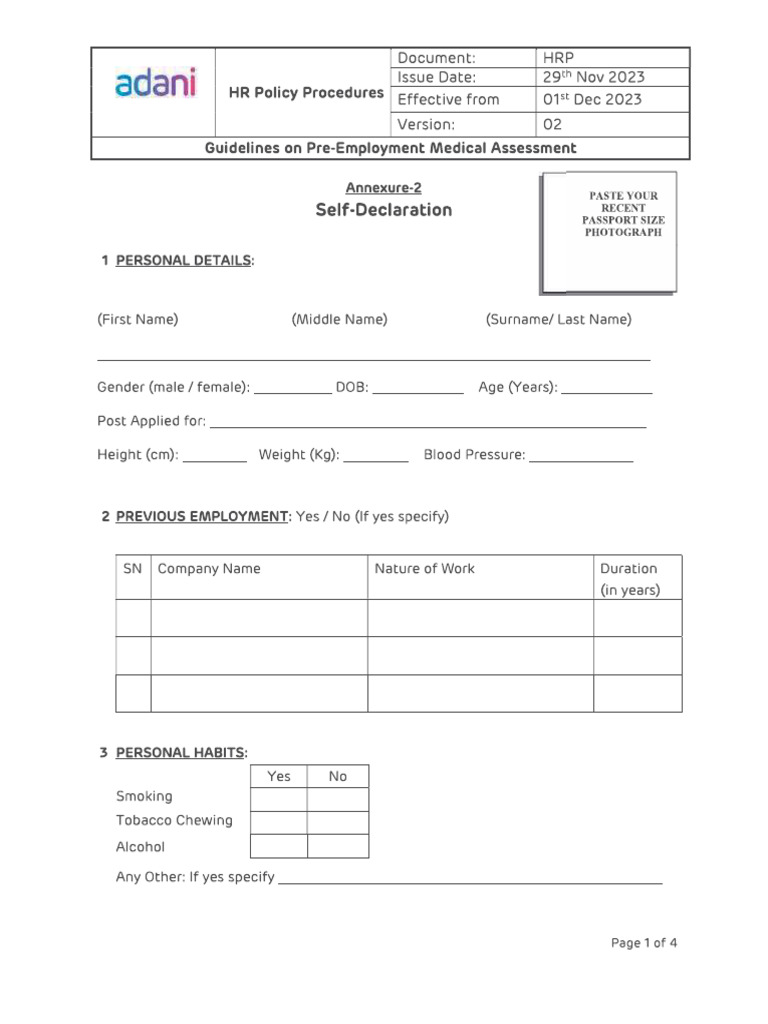 Preemployment Self Declaration Annexure - 2 | PDF