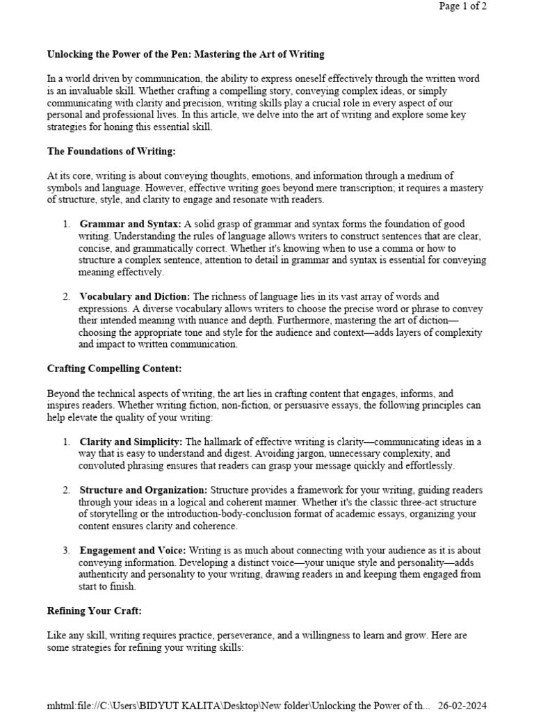 Unlocking The Power of The Pen - Mastering The Art of Writing | PDF ...