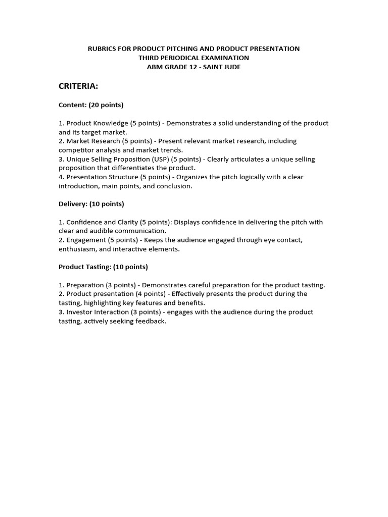 Rubric For Product Pitching and Launching | PDF