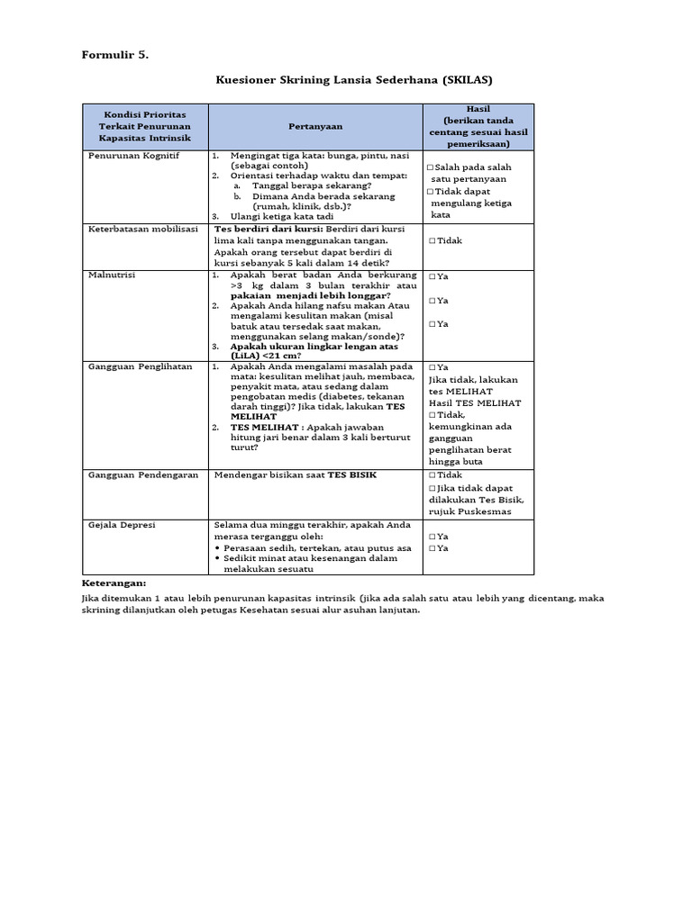 Form Skrining Lansia | PDF