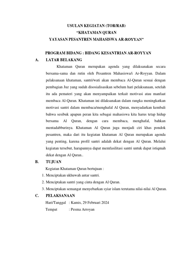 Proposal Khataman Quran PPM Ar-Royyan | PDF