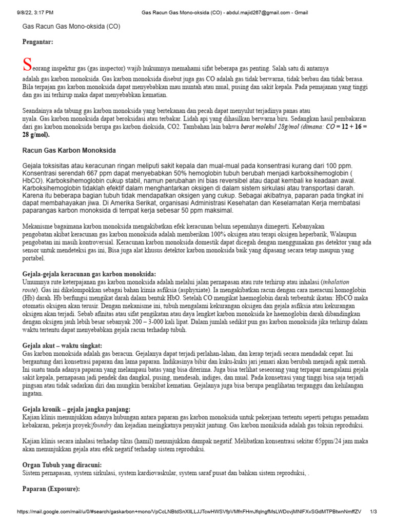 Gas Racun Gas Mono-Oksida (CO) | PDF