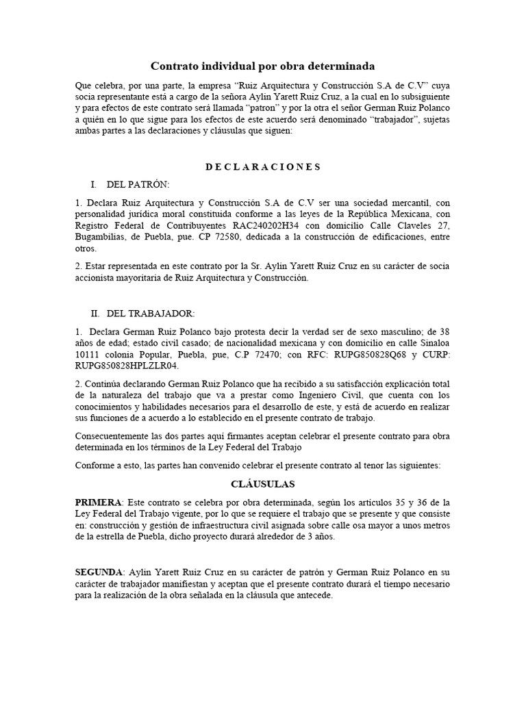 Contrato Individual Por Obra Determinada | PDF