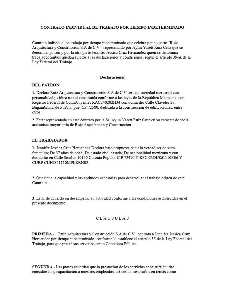 Contrato Individual de Trabajo Por Tiempo Indeterminado | PDF | Salario | México