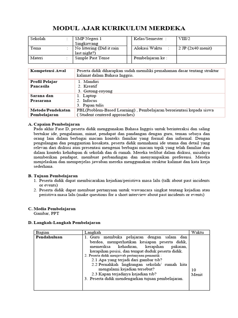 Modul Ajar Bahasa Inggris Kelas VIII (Simple Past Tense) Ermawani | PDF