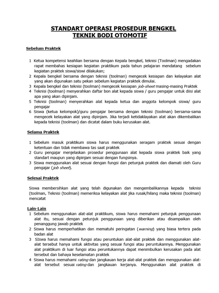 SOP Bengkel Tbo | PDF | Teknologi & Rekayasa