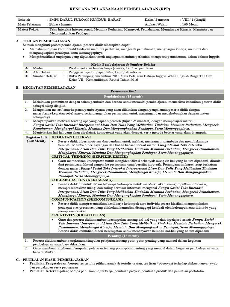 RPP KLS 8 Sem 1 21-22 | PDF