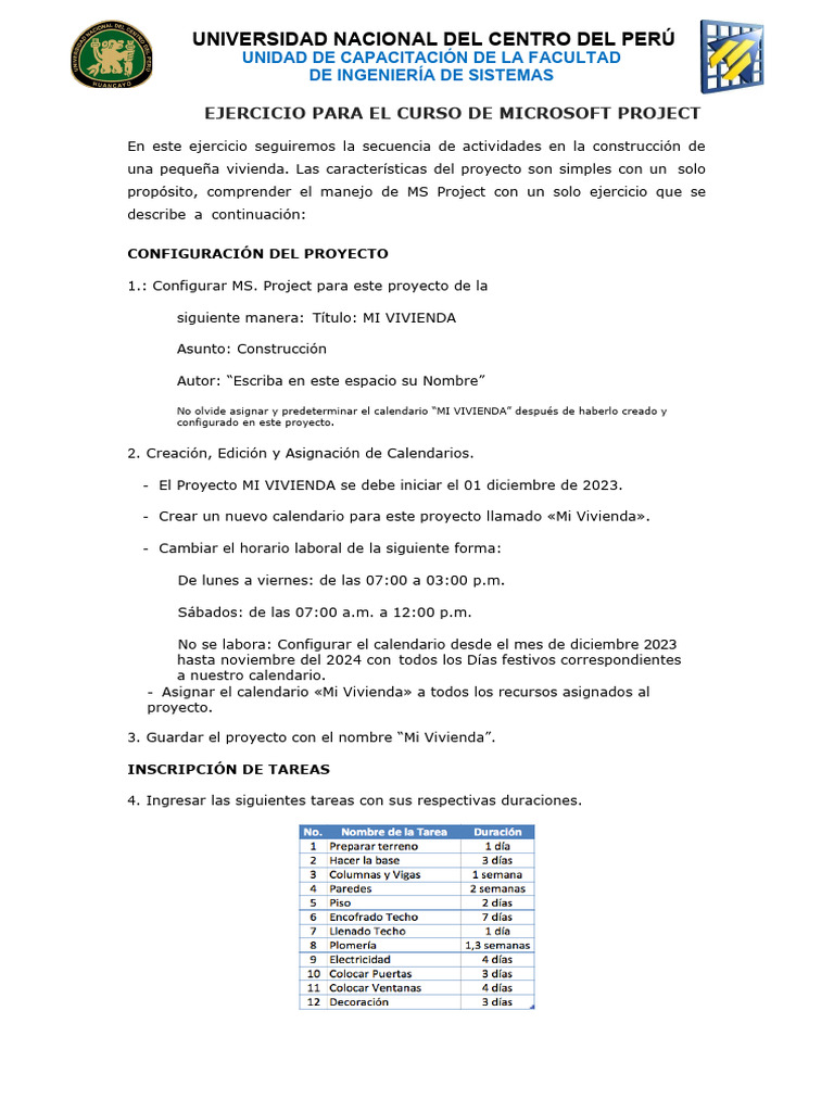 1° Parte Ejercicio para El Curso de Microsoft Project Fis | PDF | Calendario