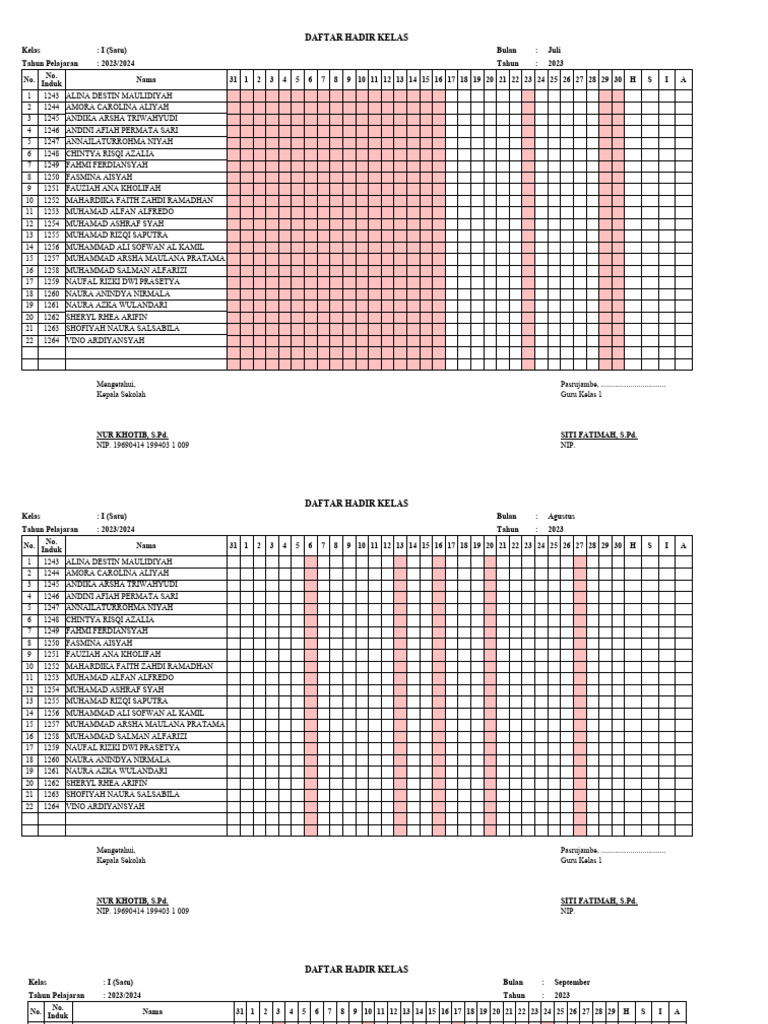 Absensi Siswa Kelas 1 | PDF