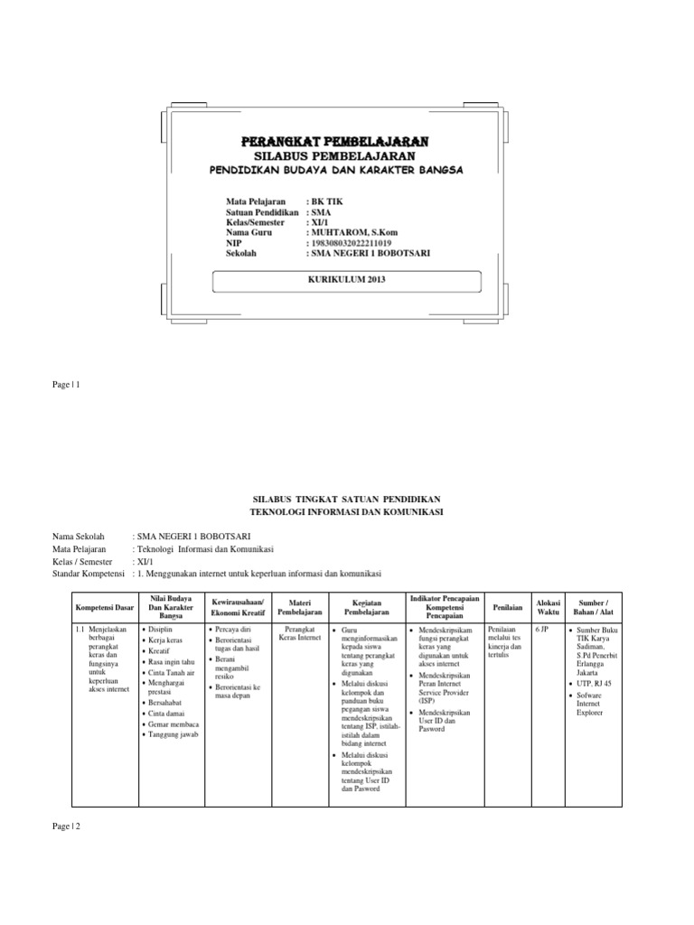 SILABUS BK TIK SMA Kelas XI | PDF