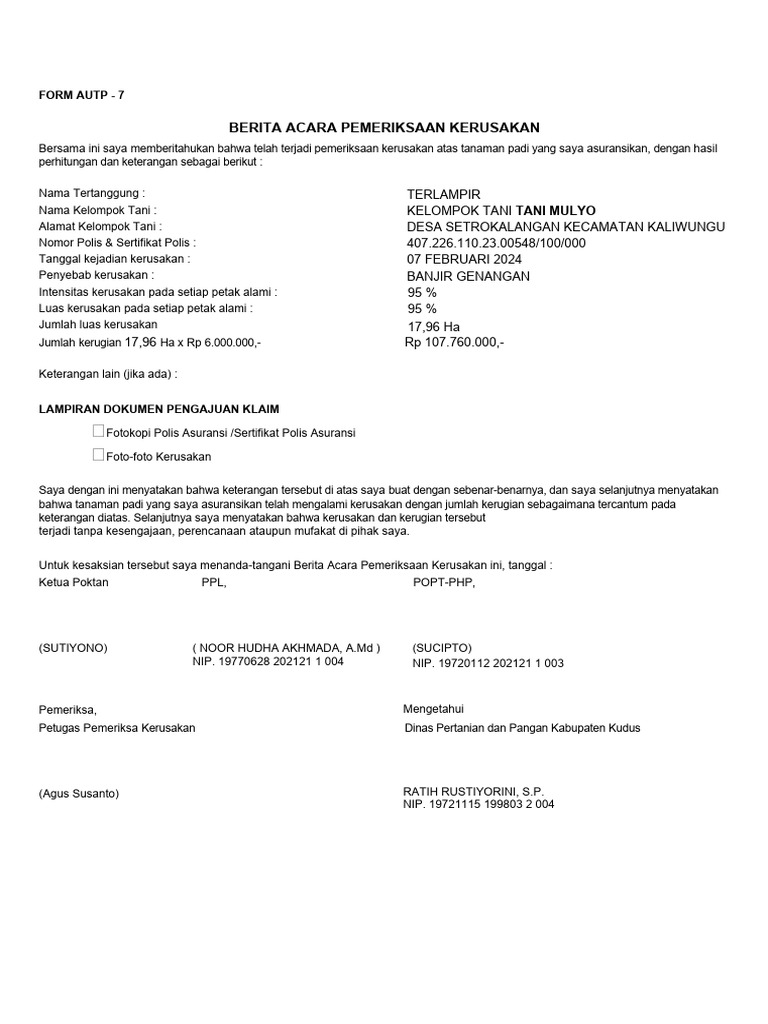 Form 7 AUTP Tani Mulyo APBD 2024 CETAK Revisi | PDF