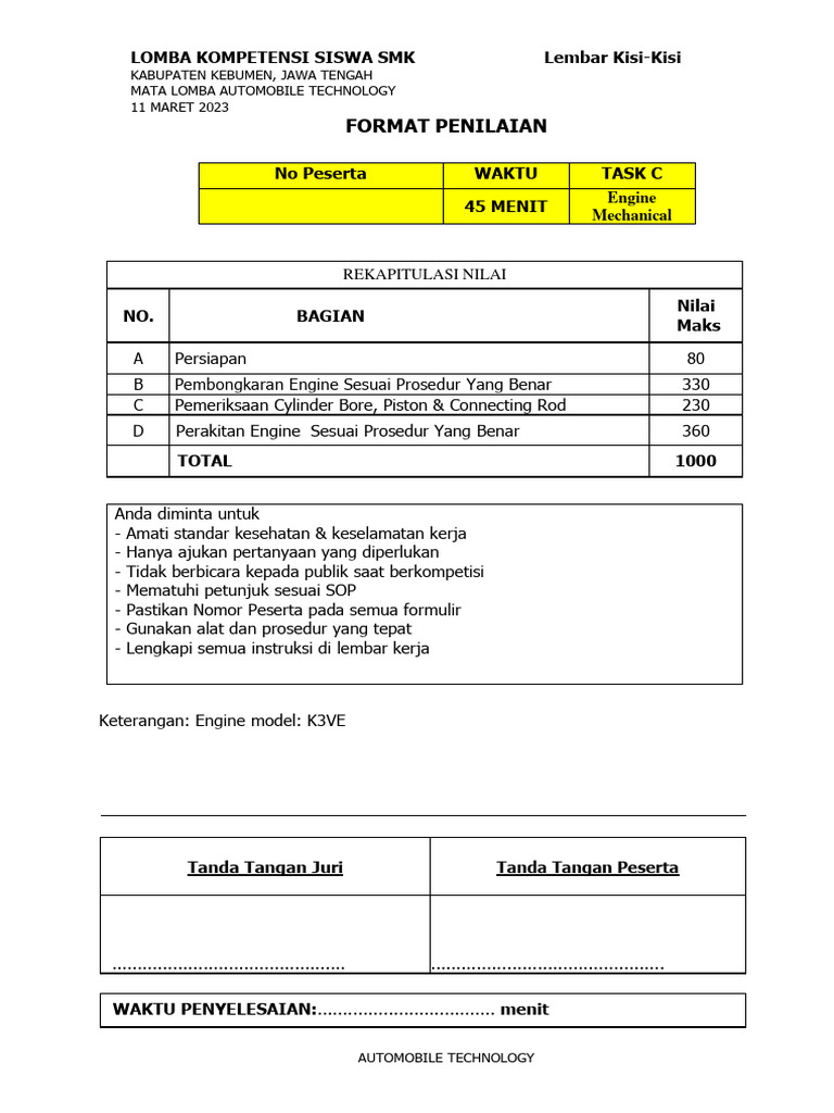 Lembar Penilaian Egine Overhoule 45 Menit Kisi-Kisi | PDF