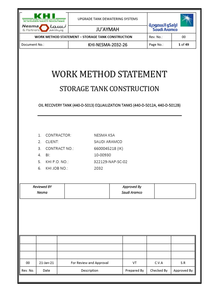 Method Statement of Storage Tank | PDF | Scaffolding | Pipe (Fluid ...