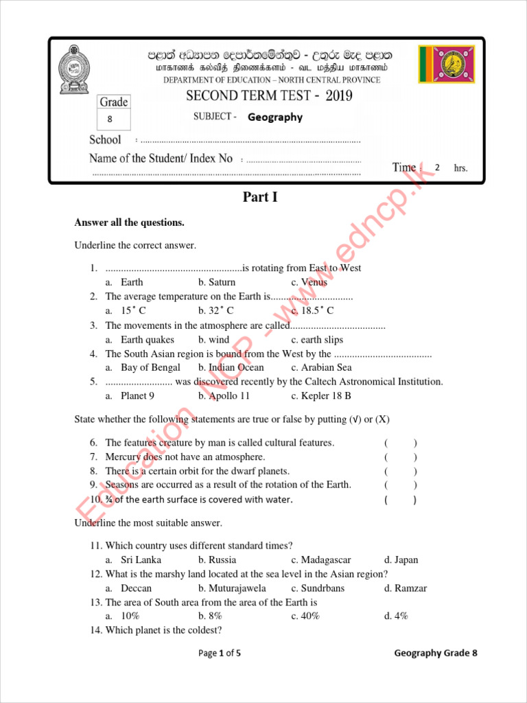 Grade 08 Geography 2nd Term Test Paper 2019 English Medium North ...