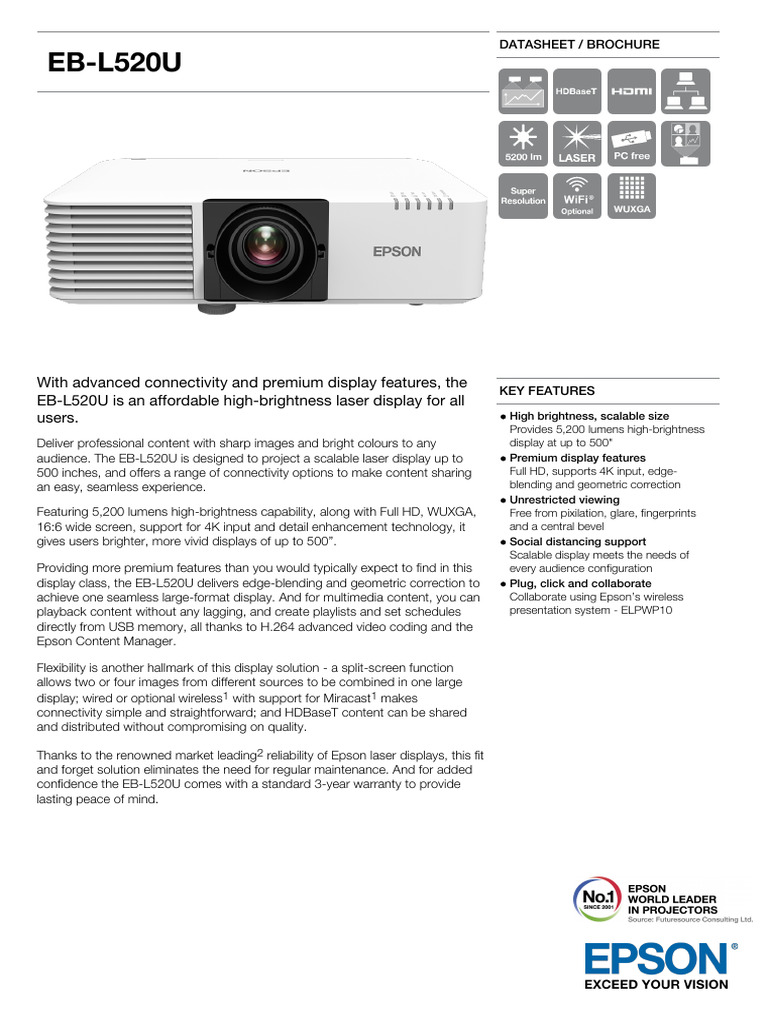 Epson Eb L520u Datasheet en PDF | PDF | Hdmi | Film And Video Technology