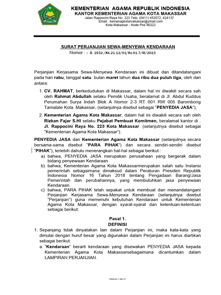 Perjanjian Sewa Kendaraan CV Rahmat 2022 Part2 | PDF | Pengelolaan Keuangan & Uang