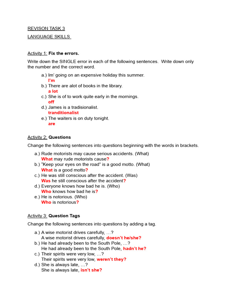 Task 3 Revision Langauge Skills - Memo | PDF | Noun | Part Of Speech