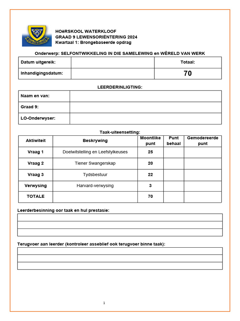 Gr9 KW1 Geskrewe Opdrag 2024 | PDF