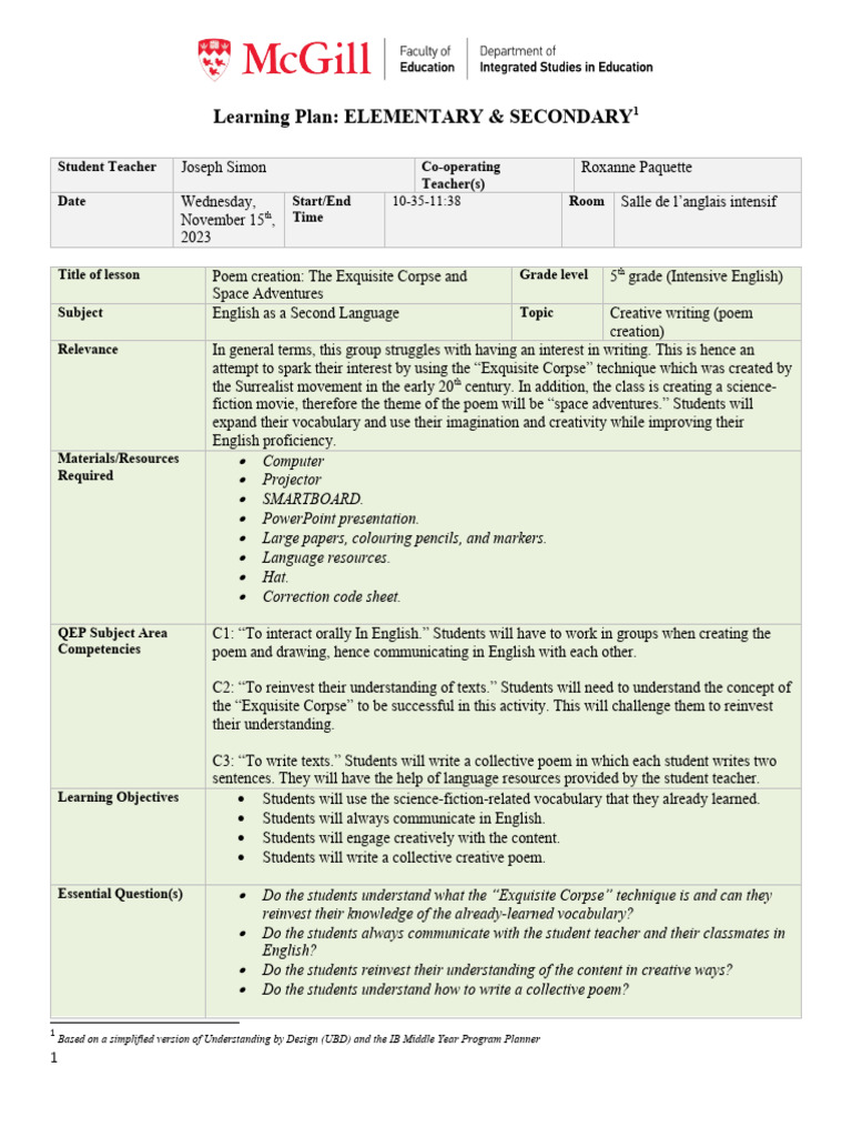 Lesson Plan 3 Joseph Simon Exquisite Corpse | PDF | English Language ...