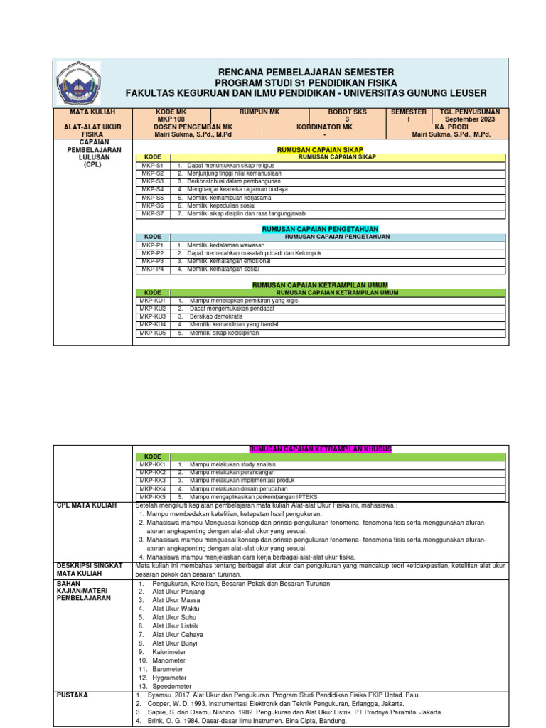 RPS MK Alat-Alat Ukur Fisika (Fisika) | PDF