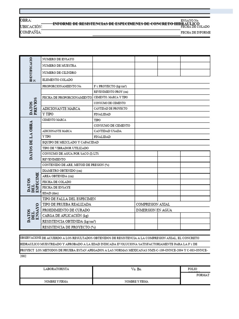 Formato para Prueba de Compresion de Cilindro de Concreto | PDF | Hormigón | Cemento