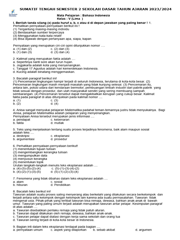 Soal PTS-STS Bahasa Indonesia Kelas 5 Semester 2 Kurikulum Merdeka T.A 2023-2024 | PDF