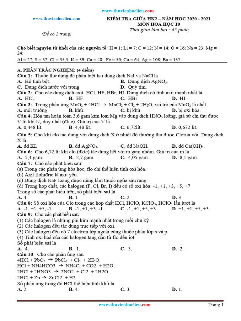 De KT Giua HK2 Hoa 10 de 1 | PDF