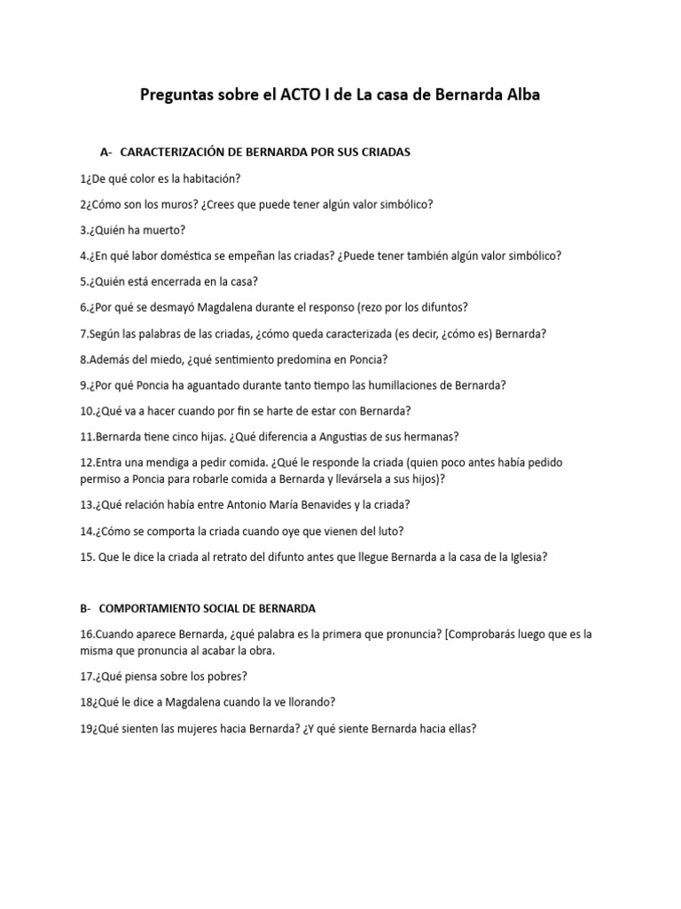 La Casa de Bernarda Alba Quiz Acto Primero | PDF