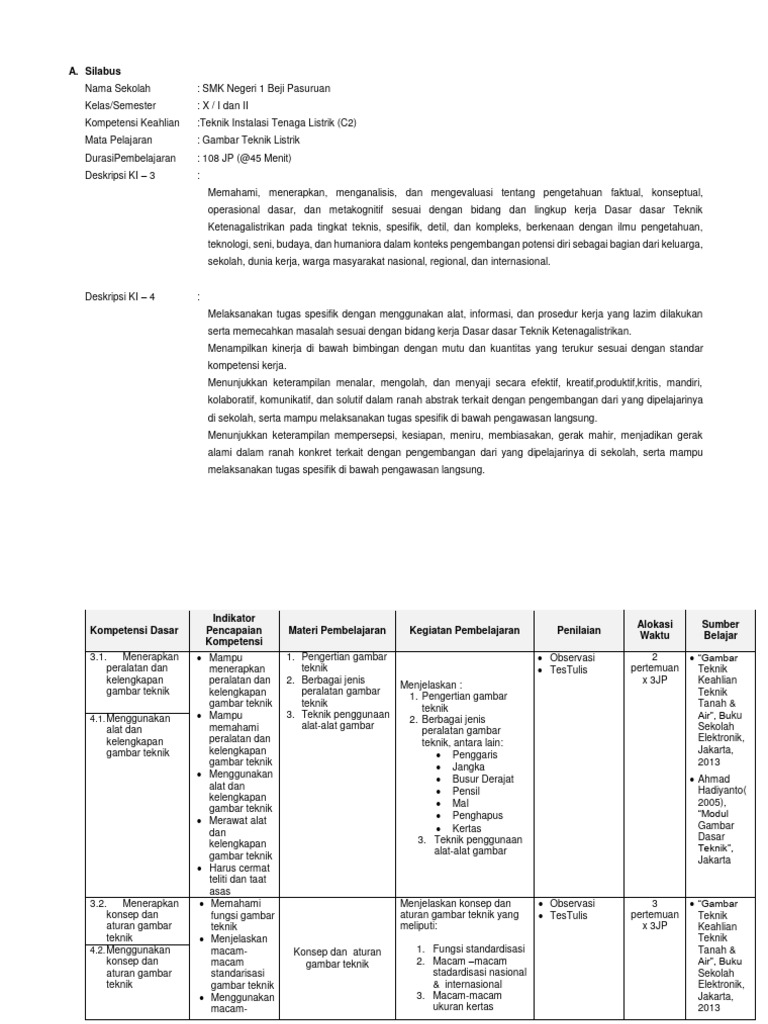 Silabus Gambar Teknik Listrik SMK | PDF